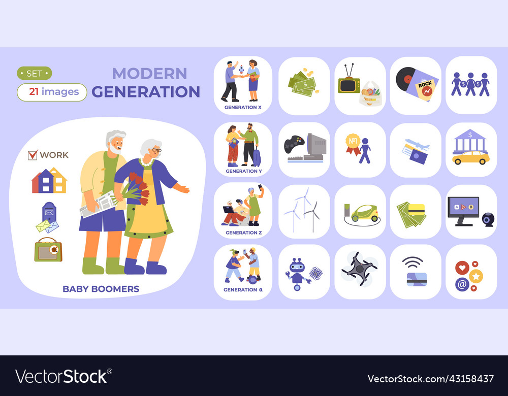 Generations flat compositions set Royalty Free Vector Image