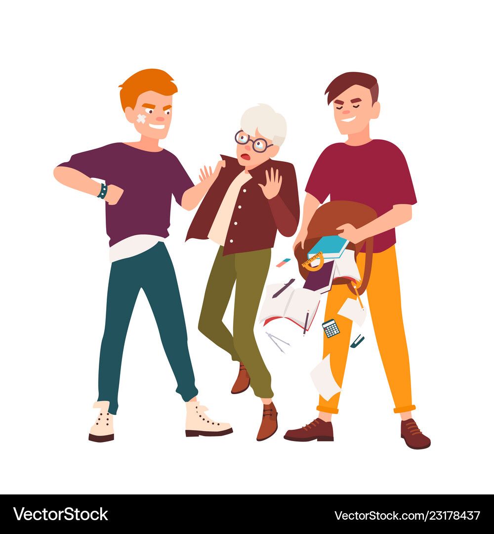 Pair teens intimidating boy kicking him and Vector Image