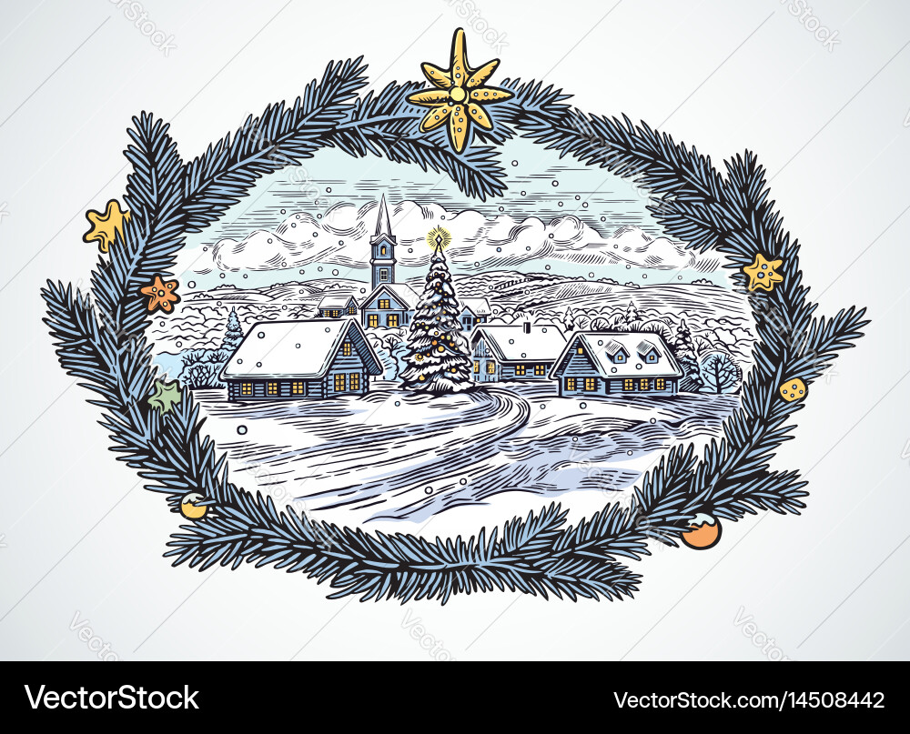 Festive winter rural landscape with frame from Vector Image