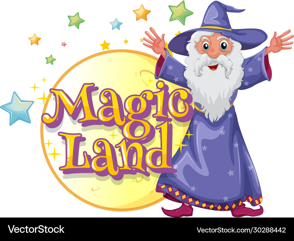 Font design for word magic land with wizard and Vector Image