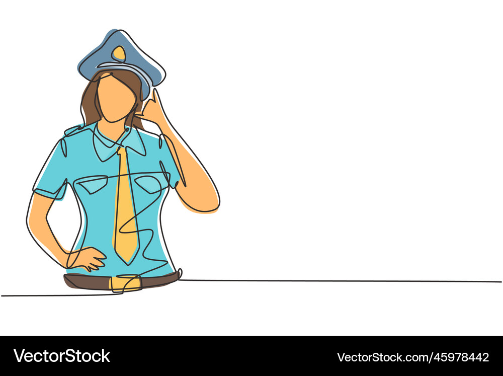 Single one line drawing female pilot with call me Vector Image