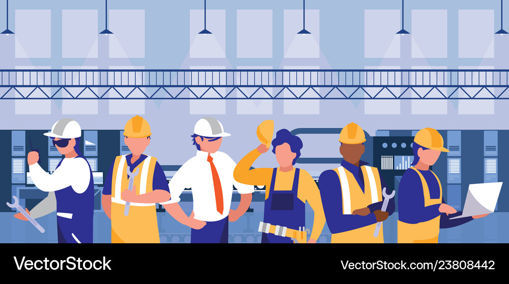 Team work people in factory scene Royalty Free Vector Image