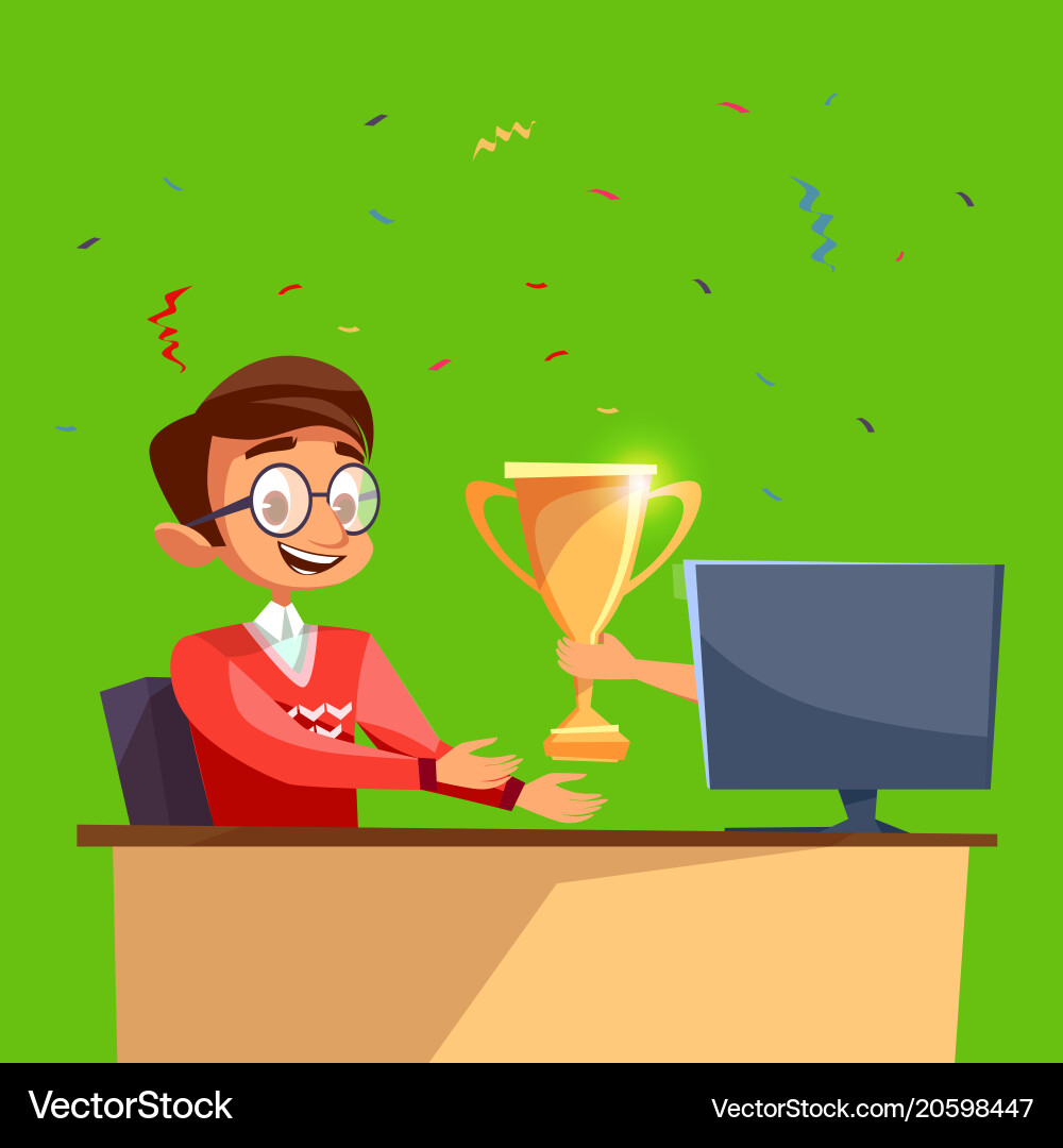 Cartoon worker gamer won online competition Vector Image