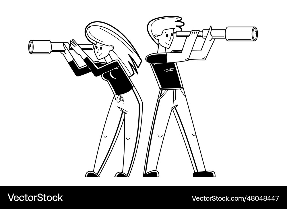 Young people looking in spyglasses and making Vector Image