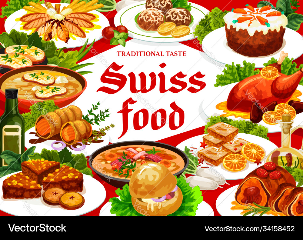 Swiss cuisine restaurant menu with dishes Vector Image