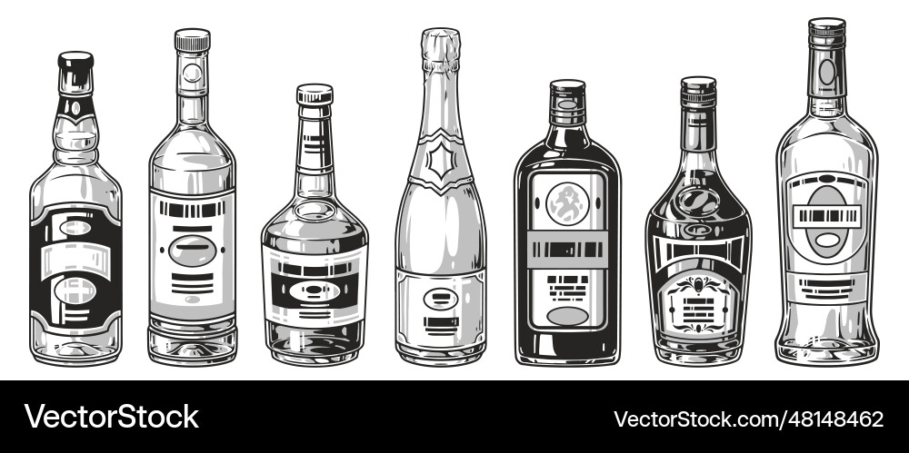 Alcohol assortment monochrome set label Royalty Free Vector