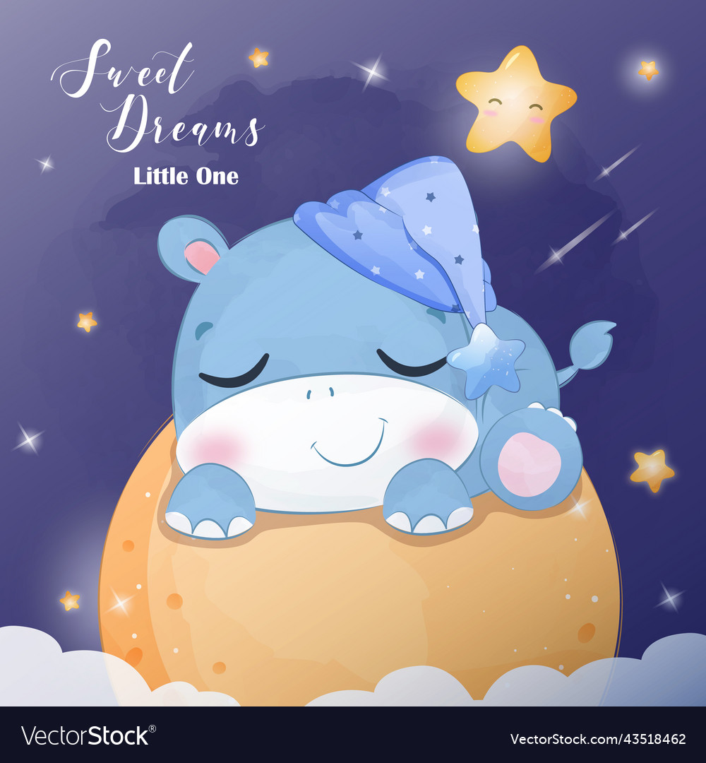 Starry night little hippo in watercolor Royalty Free Vector
