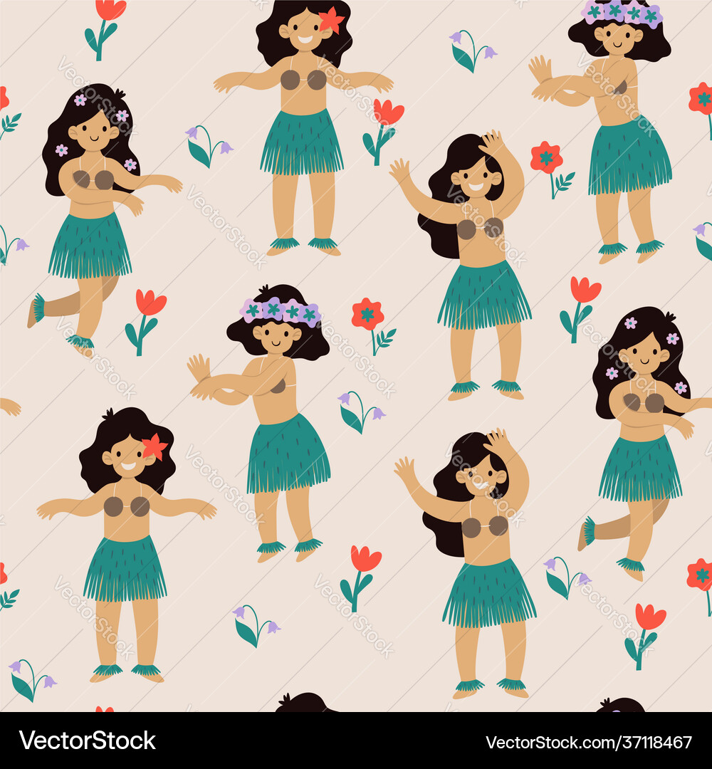 Seamless pattern with cute hawaiian girls Vector Image