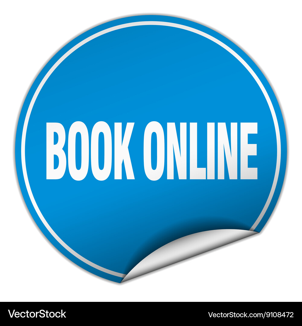 Book online round blue sticker isolated on white Vector Image