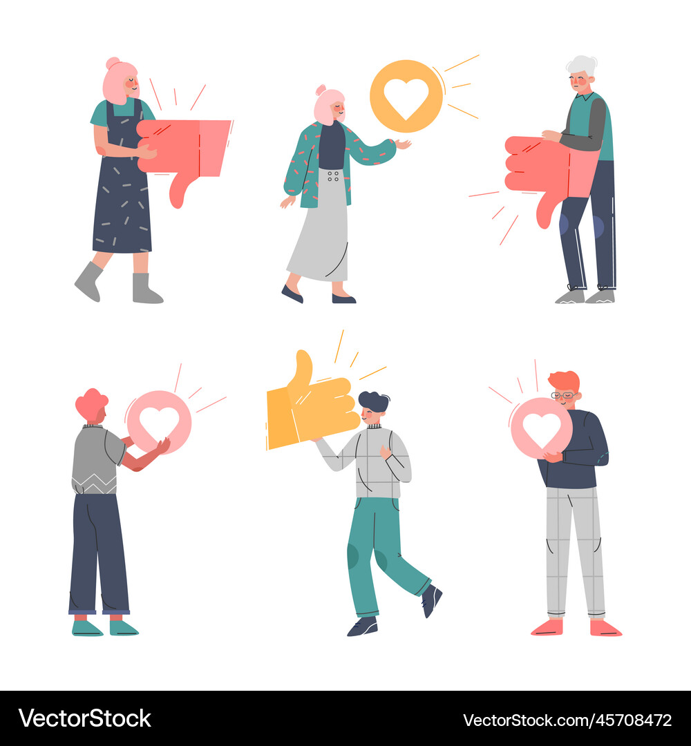 People characters holding like signs with thumb up