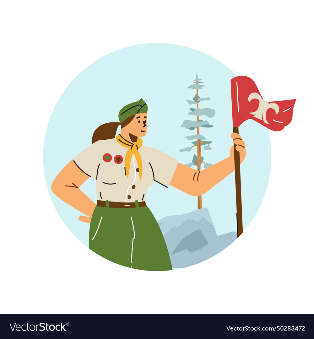 Pioneer girl raising camp flag isolated Royalty Free Vector Pioneer girl raising camp flag isolated Royalty Free Vector