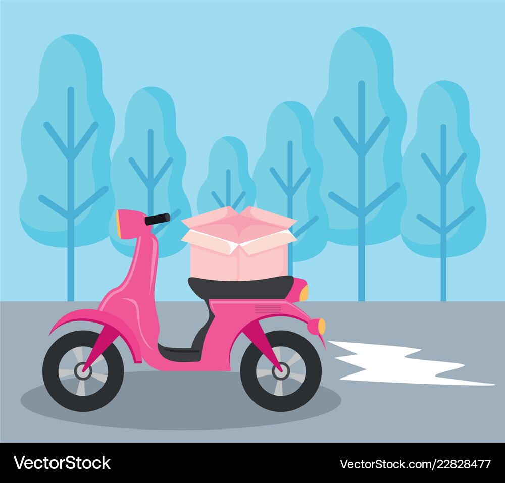 Delivery service motorcycle with box in landscape Vector Image