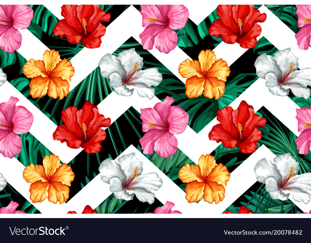 Tropical Leaves Hibiscus Seamless Pattern Vector Image