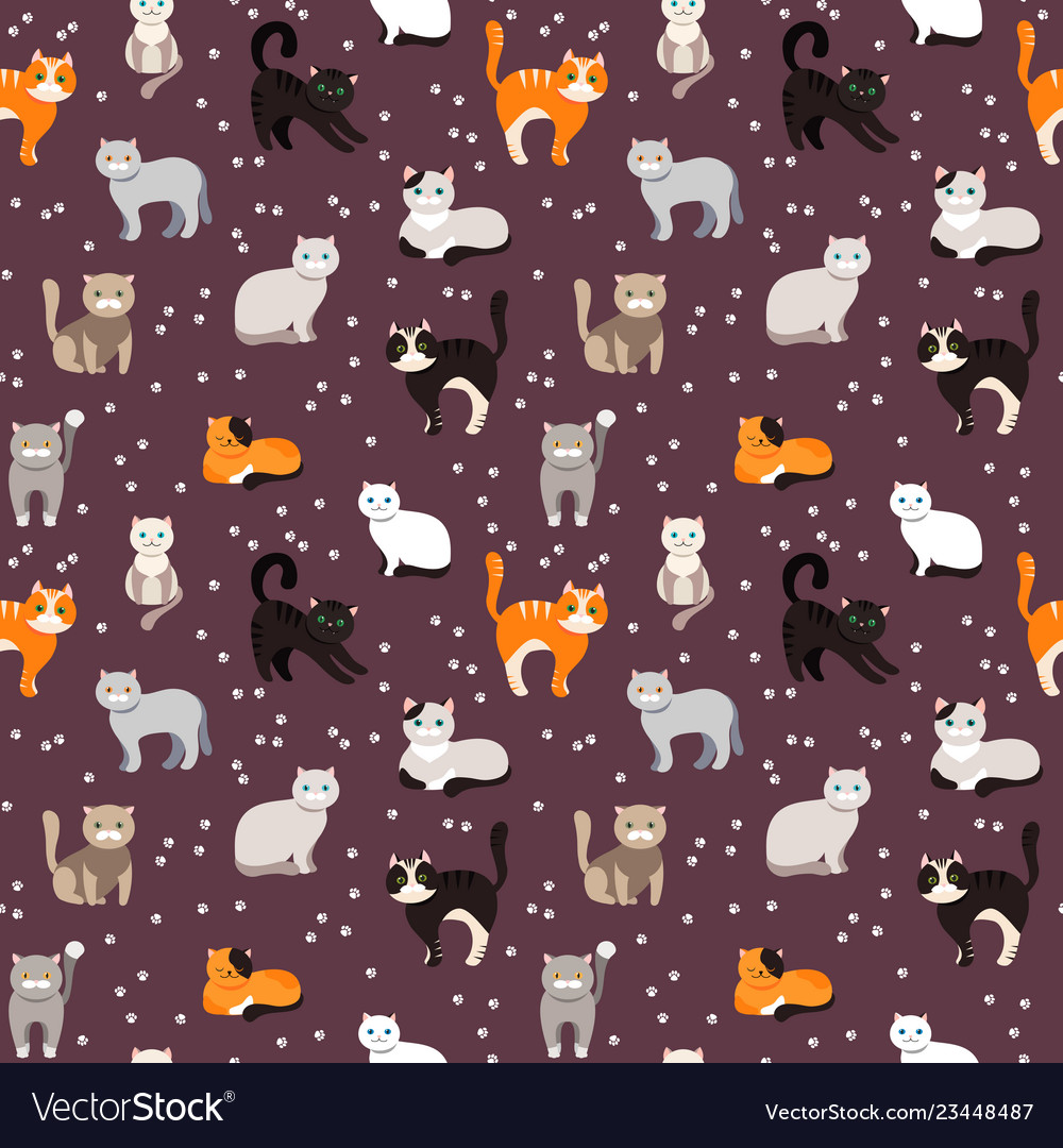 Cat background seamless pattern flat kitty pets Vector Image