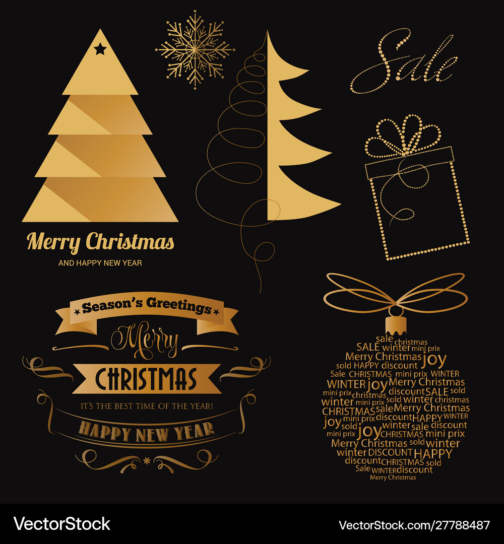 Festive golden christmas items collection Vector Image