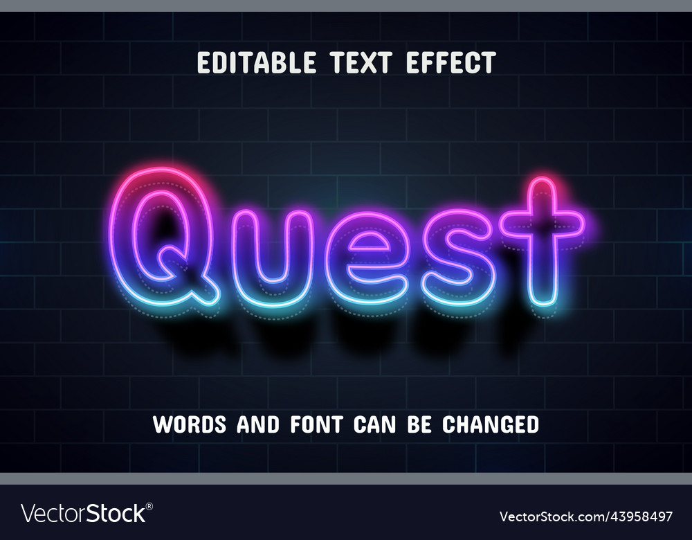 Quest text - neon text effect editable Royalty Free Vector