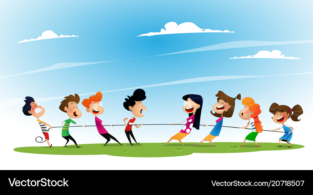 Fun cartoon boys and girls pulling rope Royalty Free Vector