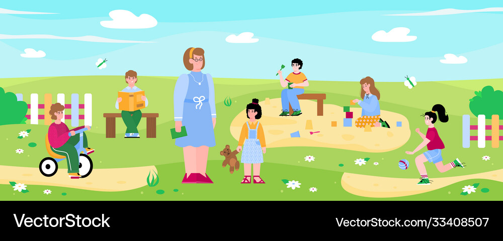 Teacher and children playing in kindergarten flat Vector Image