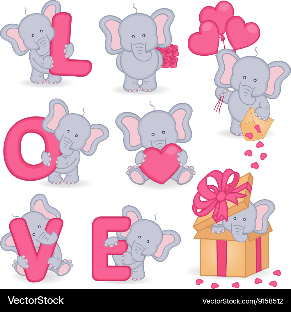 Collection cute valentine elephant Royalty Free Vector Image