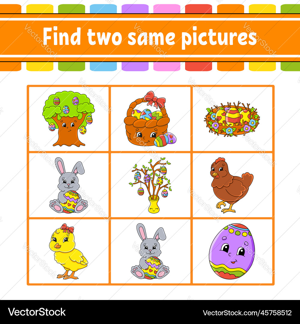 Find two same pictures task for kids education Vector Image