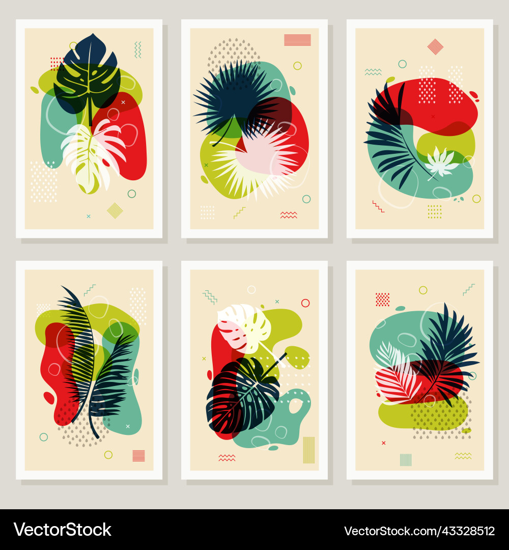Six tropical leaves collages bright colors Vector Image