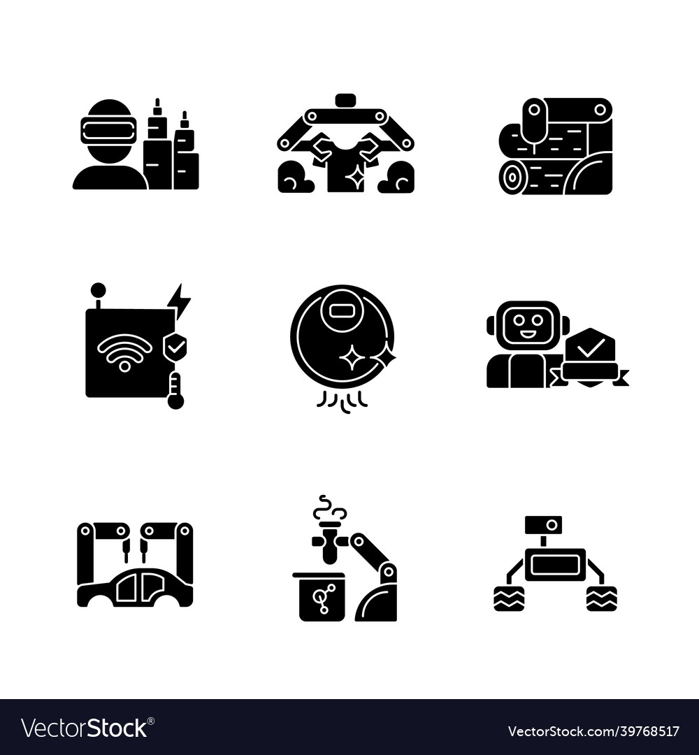 Automation technologies black glyph icons set Vector Image