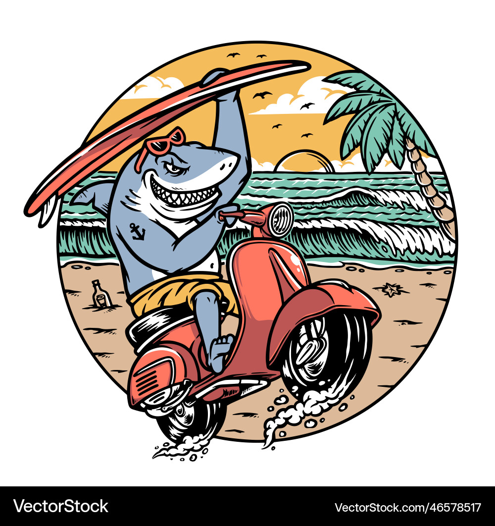 Shark riding a scooter on the beach Royalty Free Vector