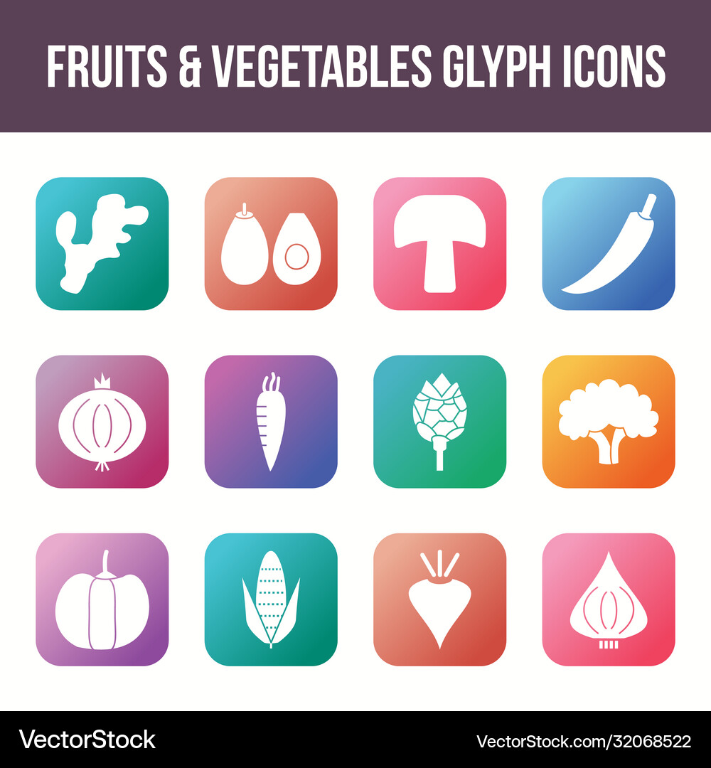 Unique fruits vegetables glyph icon set Royalty Free Vector