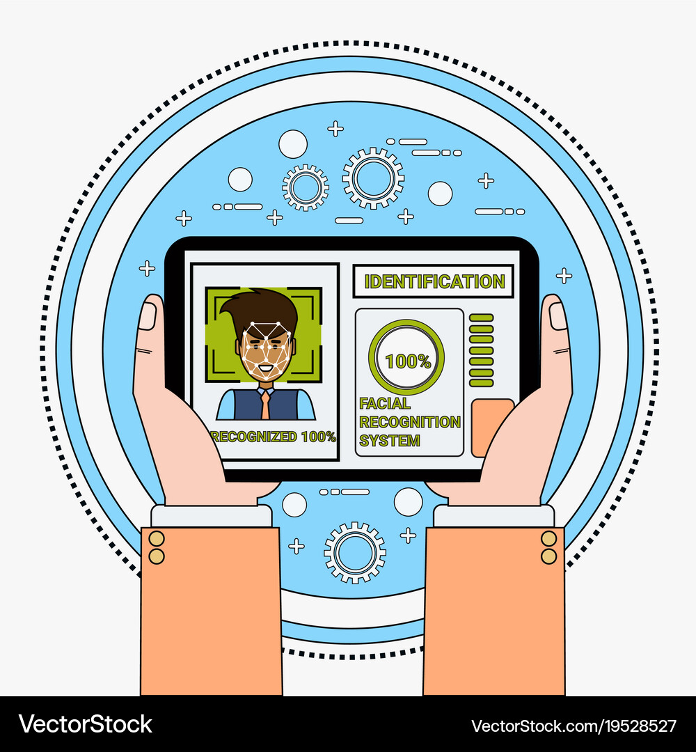 Hand holding digital tablet scanning male user Vector Image