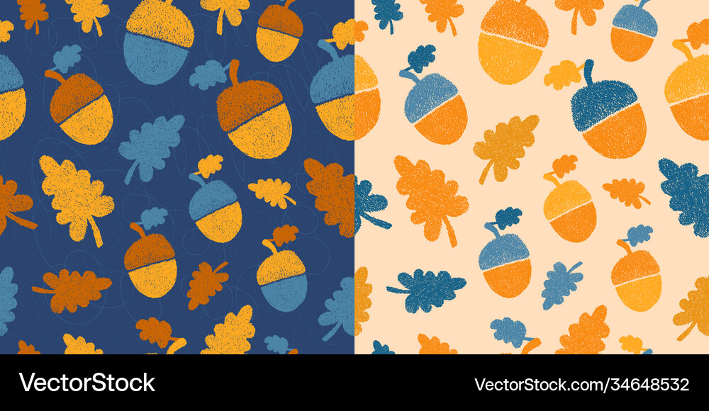 Hygge shaded patterns set with oak and acorns Vector Image