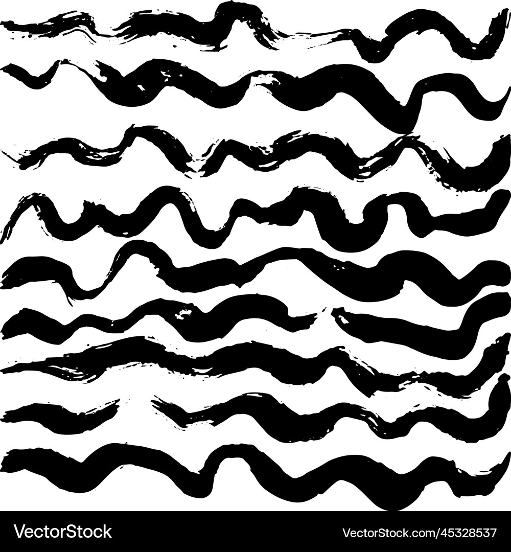 Ink grunge waves hand drawn dry brush set Vector Image