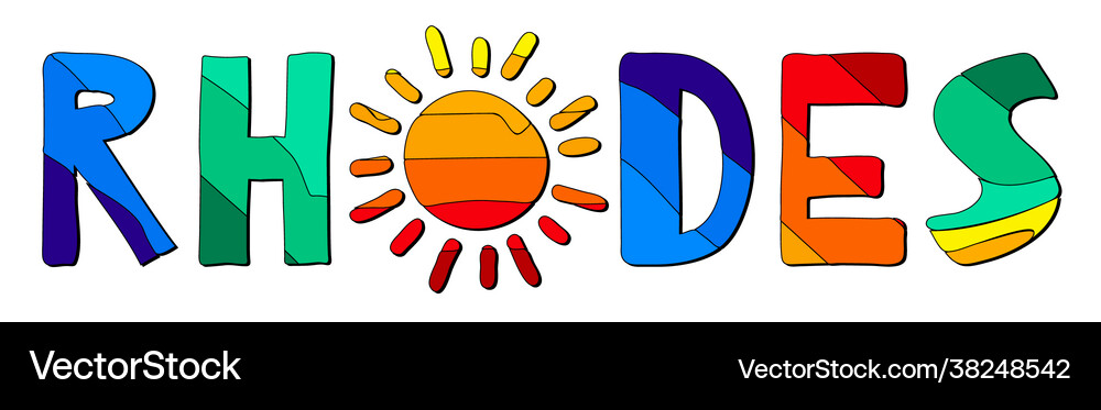 Rhodes multicolored colorful funny text sun Vector Image