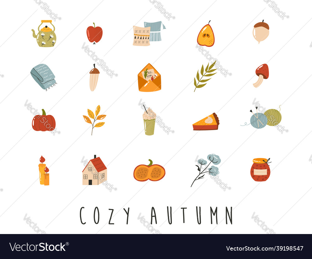 Big set of cozy autumn icons in flat style Vector Image