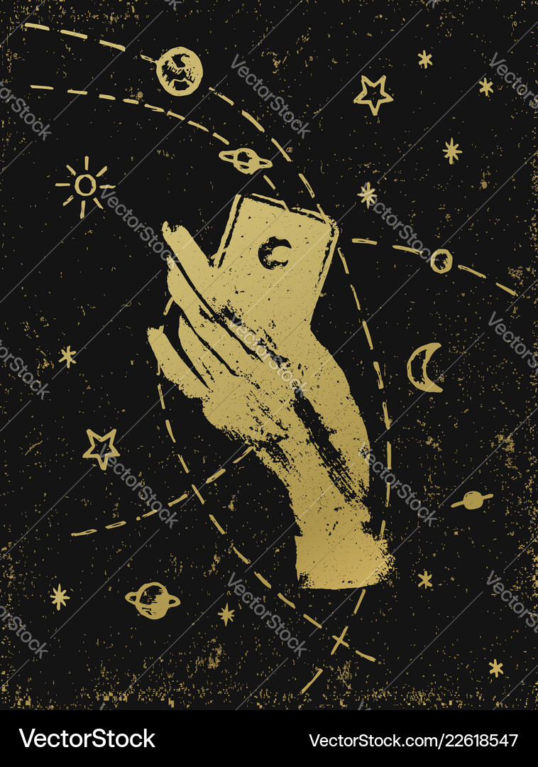 Gold witchs hand with cosmos on black textured Vector Image