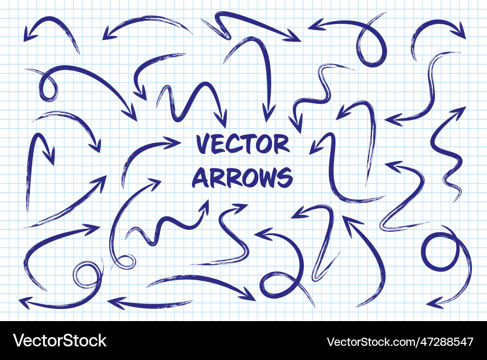 Grunge hand drawn arrows on checkered paper sheet Vector Image