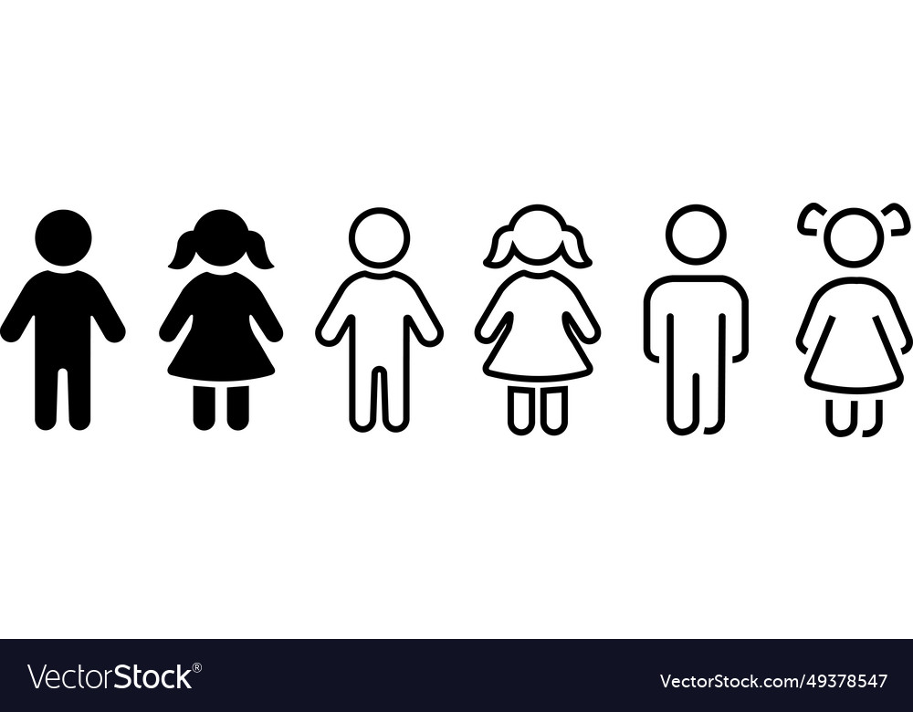 Kid girl and boy line and flat icon set children Vector Image