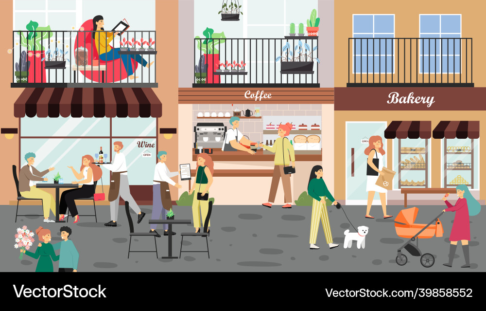 People visiting coffeehouse cafe bakery walking Vector Image