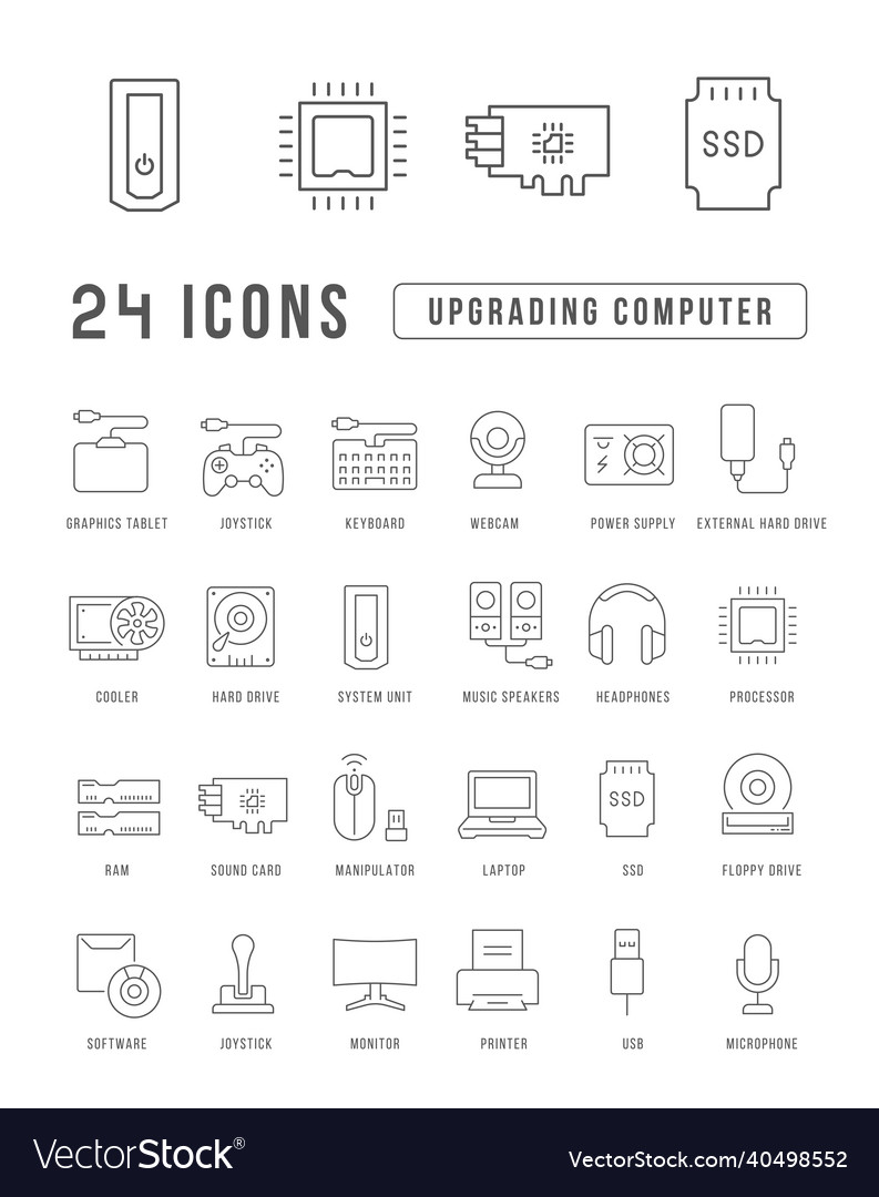 Set of linear icons of upgrading computer Vector Image