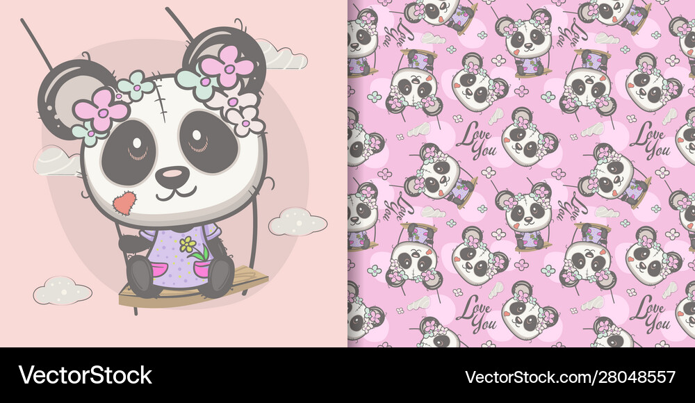 Cute cartoon panda girl with seamless pattern Vector Image