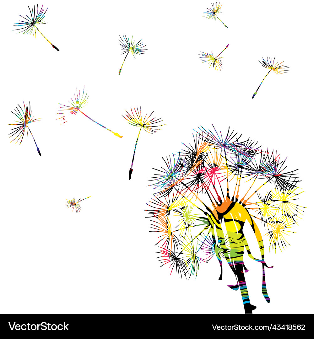 Colorful dandelion with flying seeds Royalty Free Vector