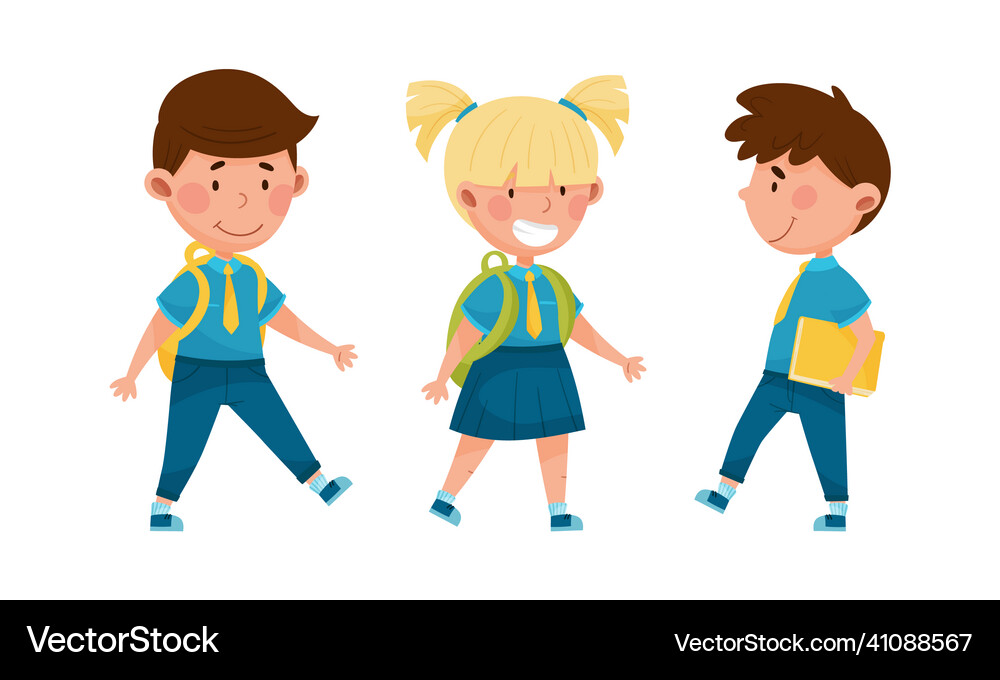 Cute kids in blue school uniform set smiling Vector Image