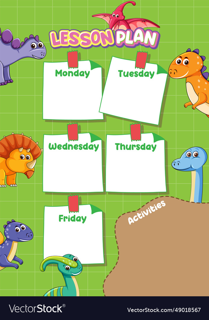 Dinosaur cartoon character weekly lesson plan Vector Image