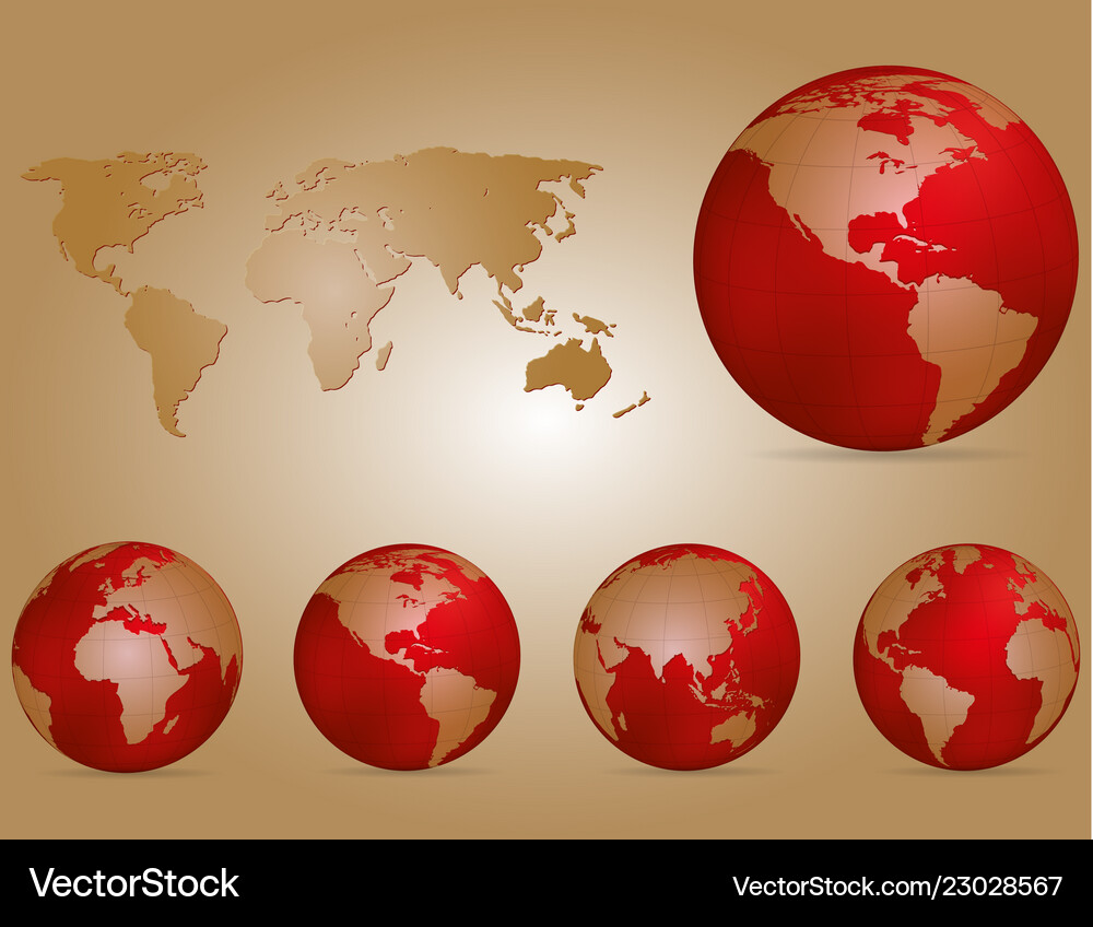 Set of globes with different continents and a map Vector Image