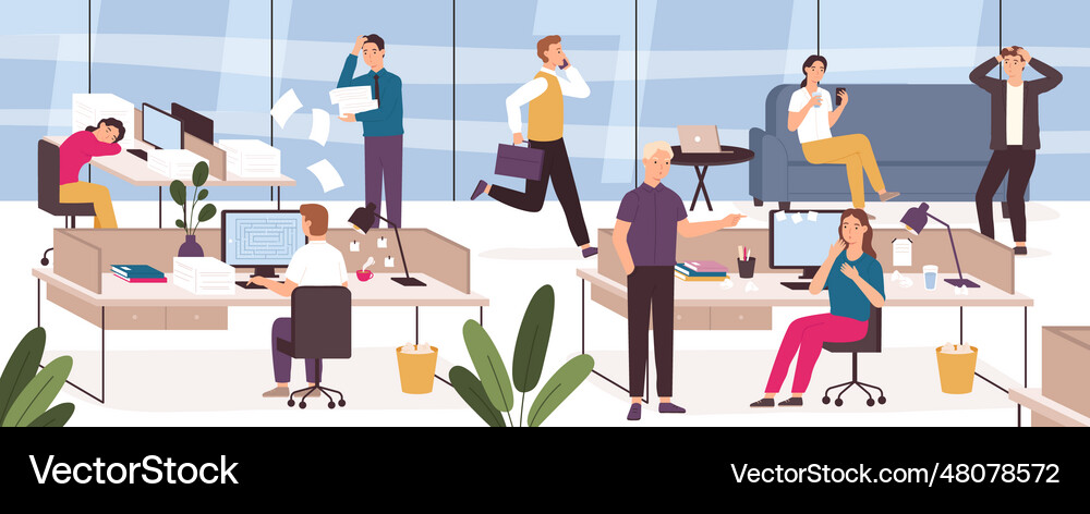 Chaos in office work place with stressed lazy Vector Image