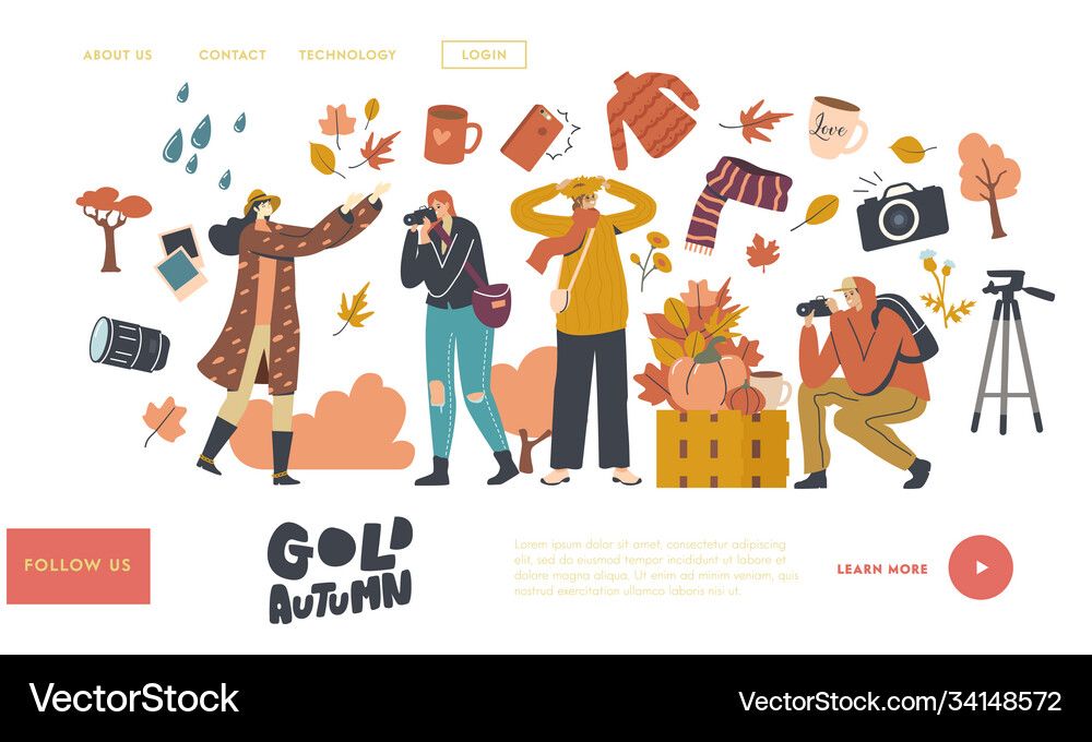 Characters making autumn photo with fallen leaves Vector Image