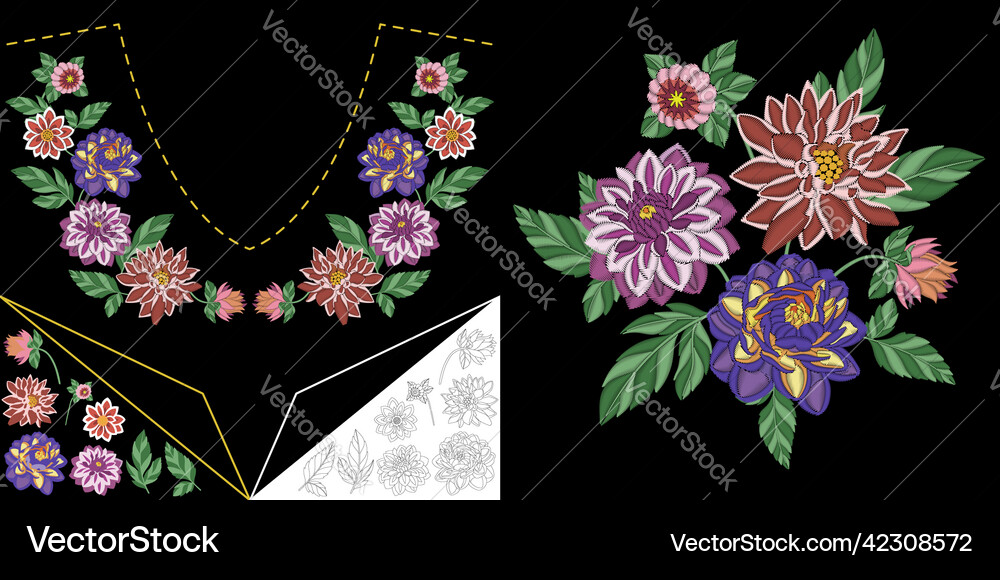 Embroidery floral neckline design Royalty Free Vector Image
