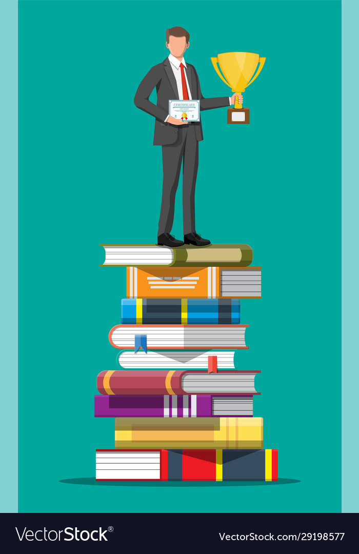 Businessman with trophy on stack books Royalty Free Vector