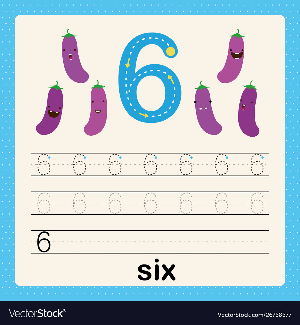 Number six card for kids learn to count and write Vector Image