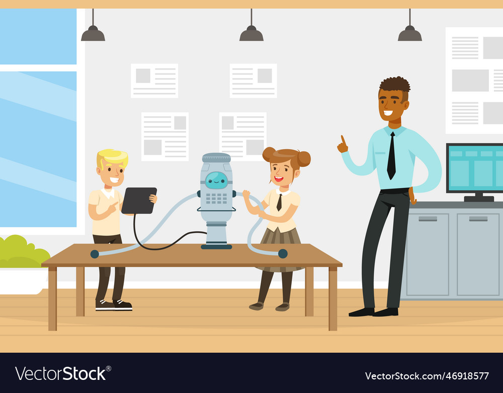 School children at informatics or programming Vector Image