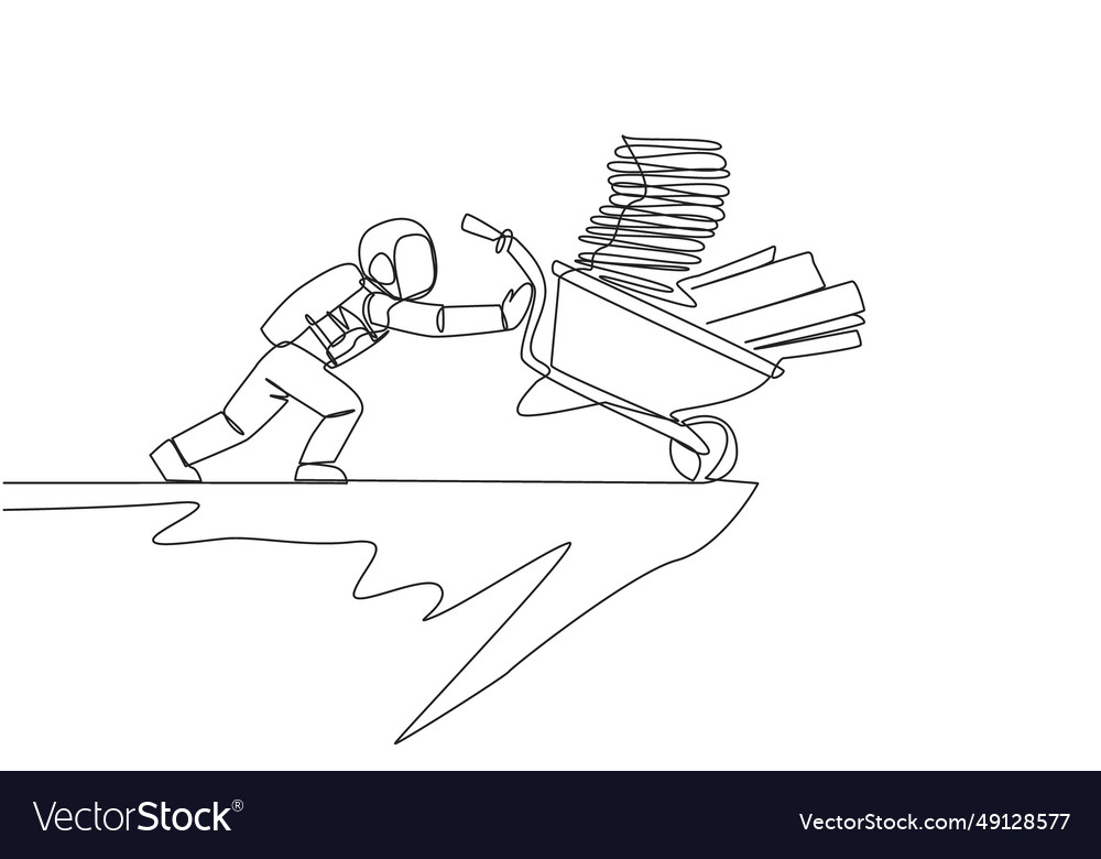 Single continuous line drawing astronauts push Vector Image